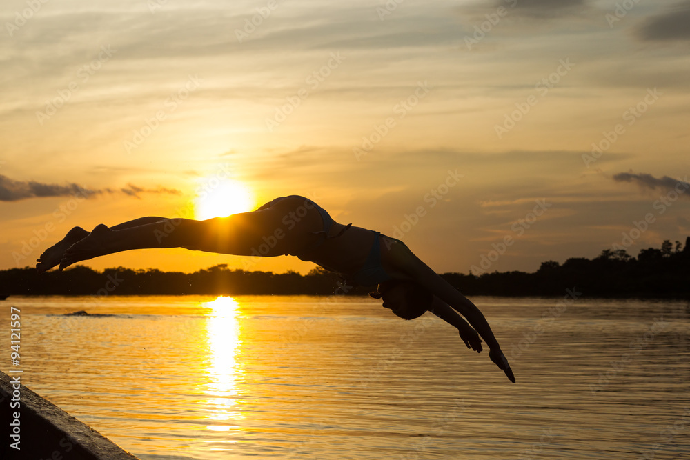 lake jump swimming woman silhouette dock splash teen femininity leaping ...