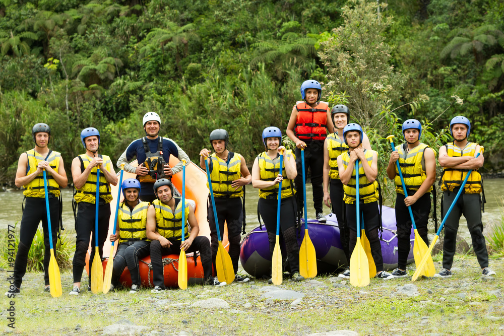 building raft team outdoor adventure sports boat kids large group of ...