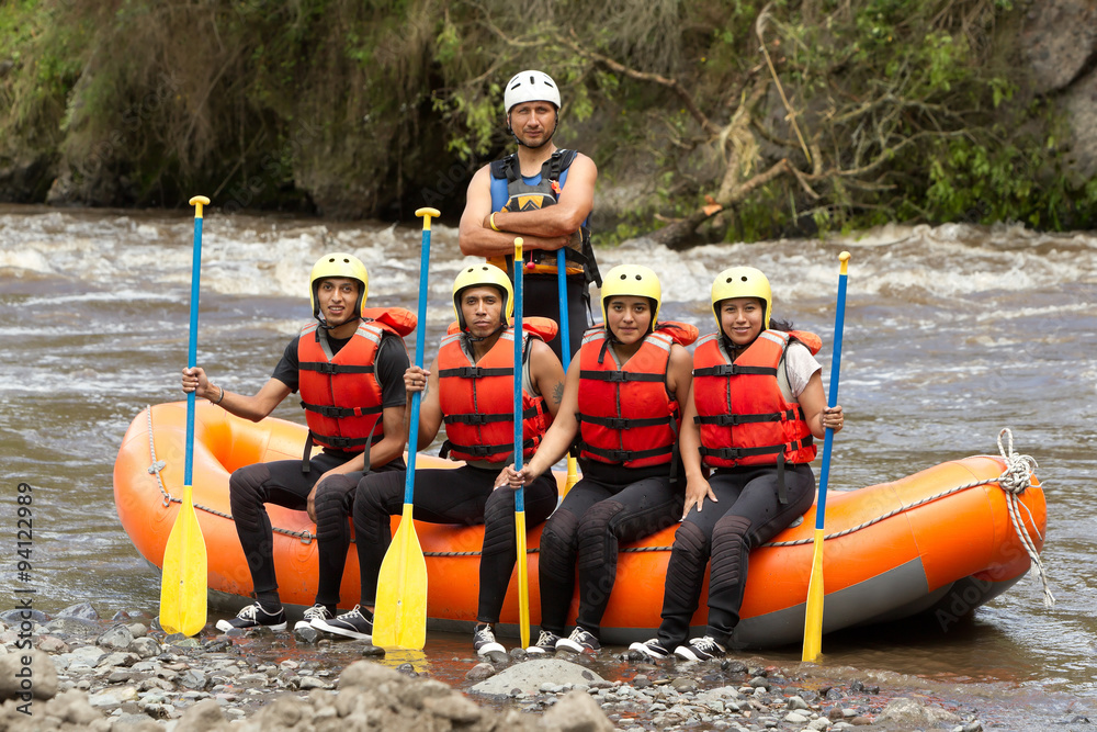rafting white rowing water sport large group of young people read to go ...