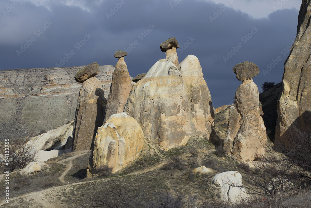 Скалы-грибы на фоне сумрачного неба. Каппадокия Stock-Foto | Adobe Stock