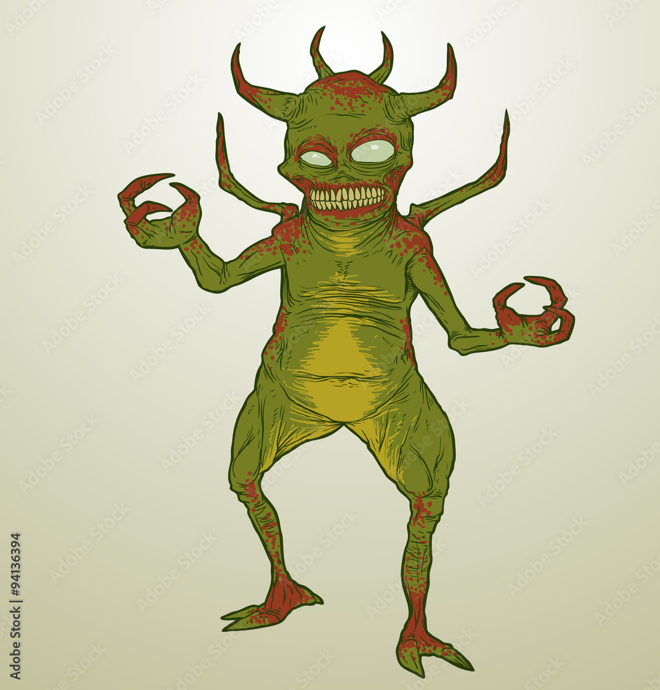 Vector green scary monster. Image of green scary monster with four ...