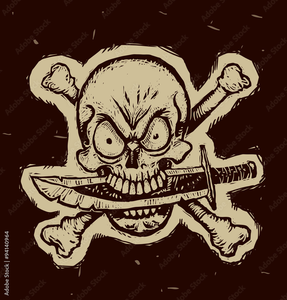 Vector black pirate skull with a dagger. Image of a black pirate skull ...