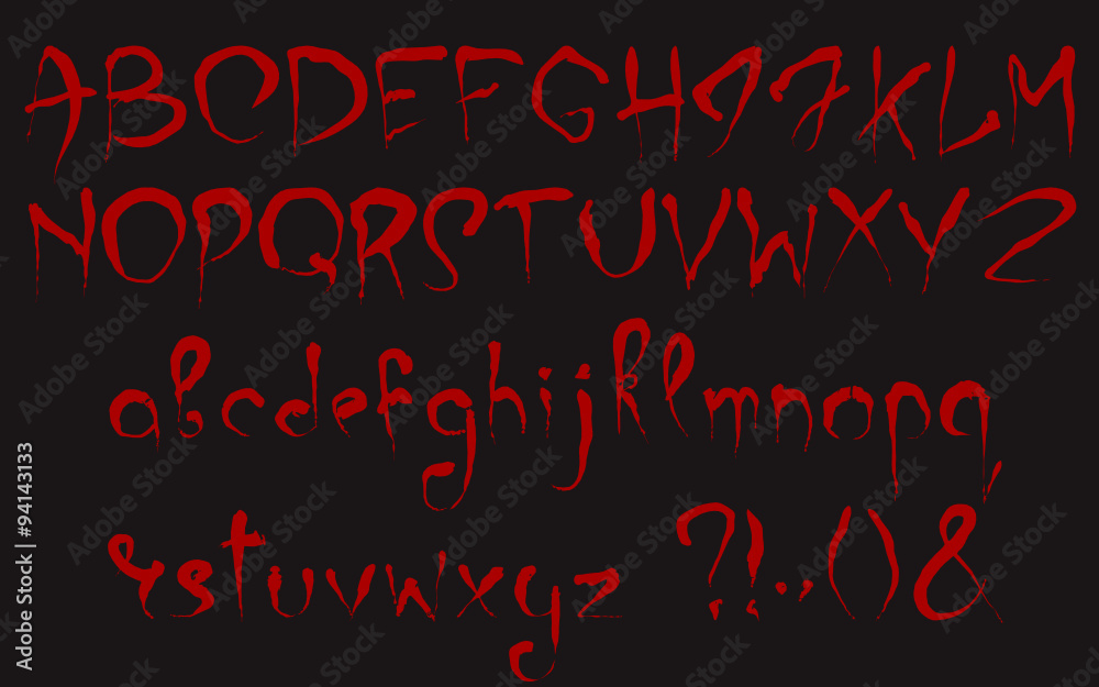 Bloody alphabet set. Uppercase and lowercase dark red stylized hand ...