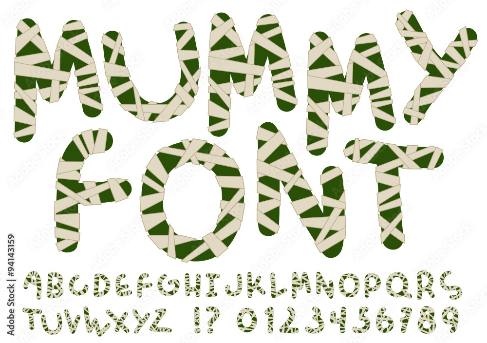 Unusual mummy style alphabet. Hand drawn dark green letters and numbers ...