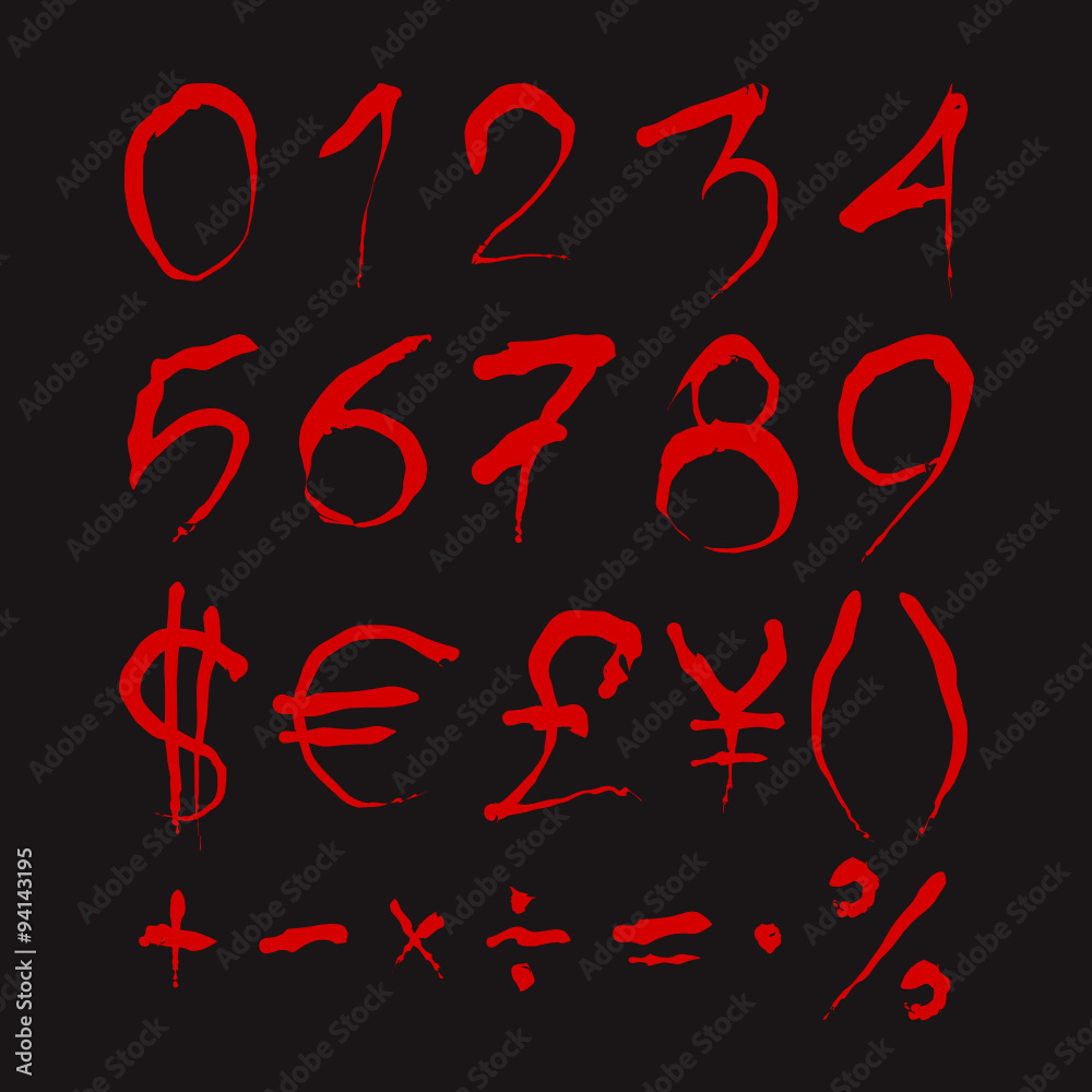 Set of Bloody numbers. Dark red stylized hand drawn numbers and most ...