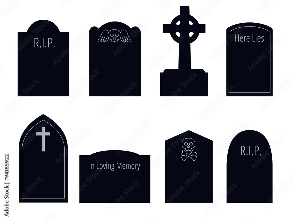 set of six vector silhouettes of gravestones of different shapes with ...