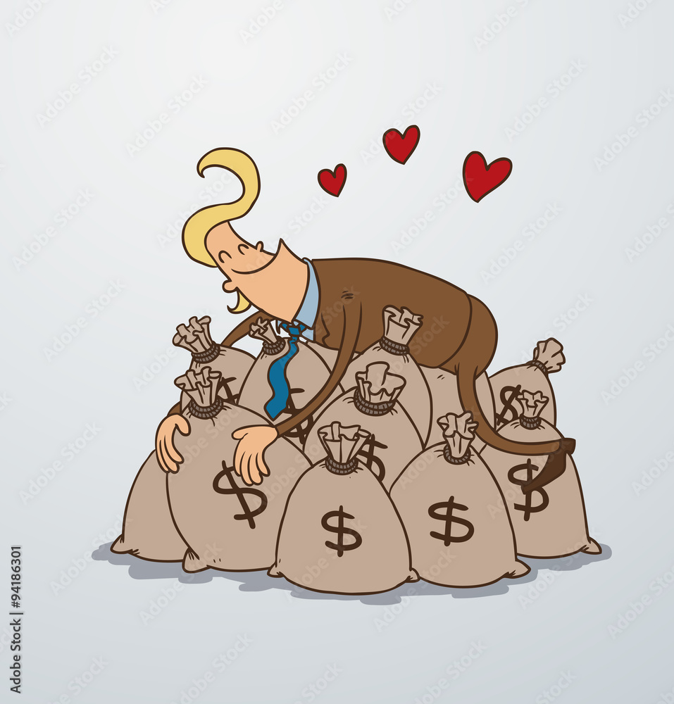 Vector man and a lot of money bags. Cartoon image of a man blonde in a ...