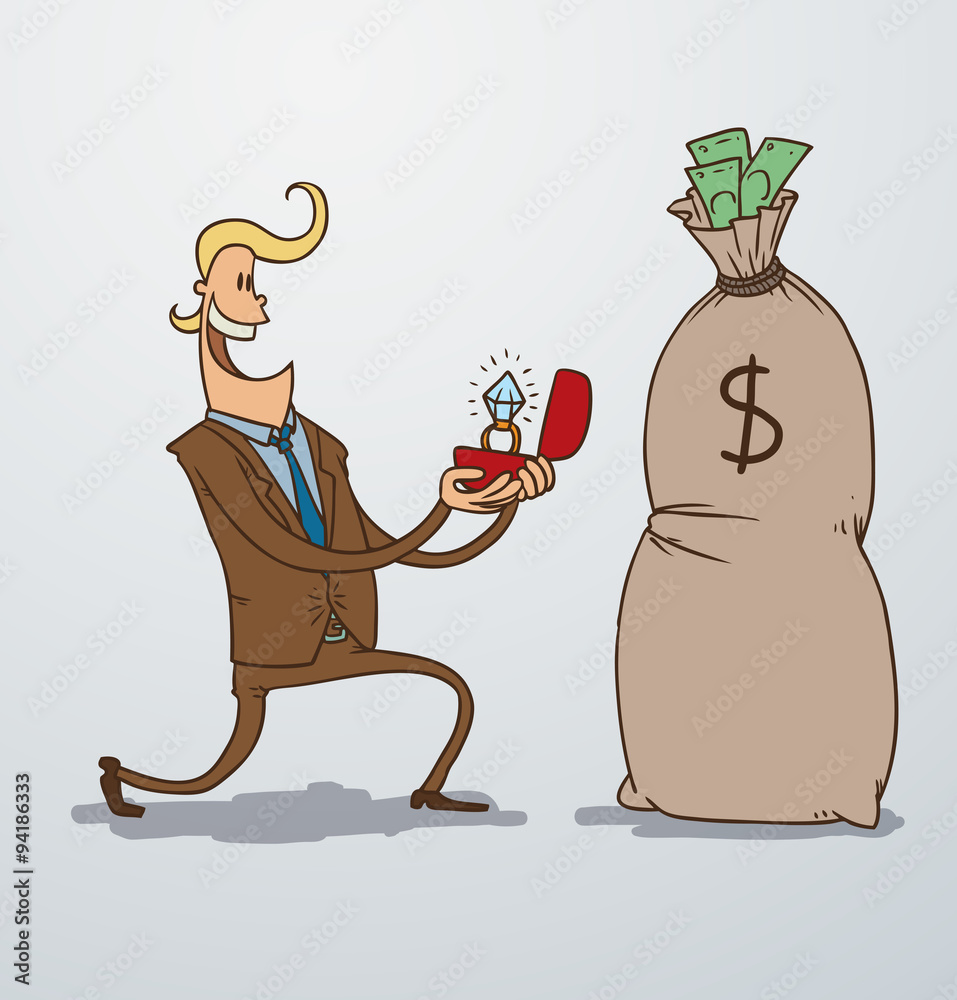 Vector man proposing marriage to a bag of money. Cartoon image of a man ...