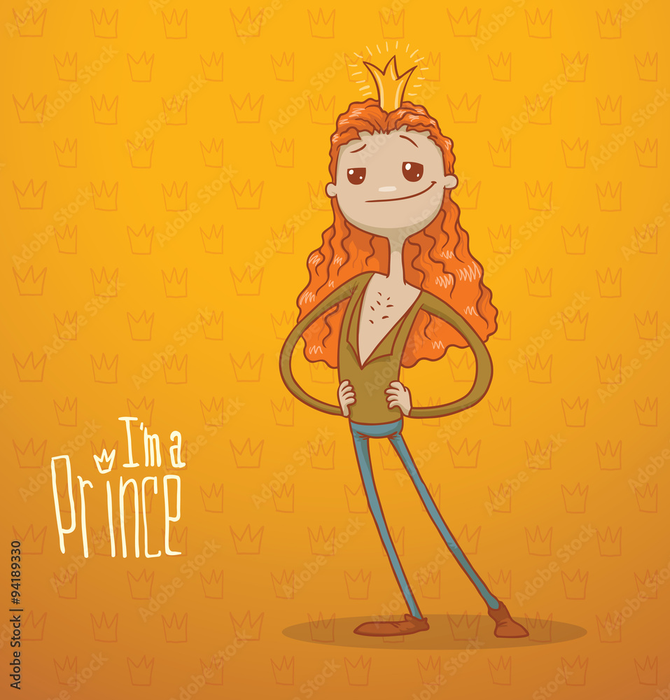 Vector cartoon image of a modern prince with long ginger hair with a ...