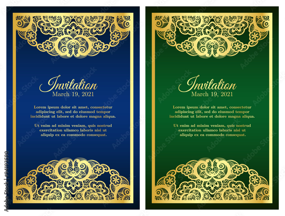 Vintage blue and green invitation cover with golden lace decoration ...