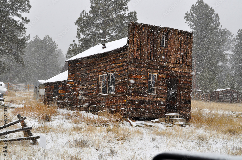 Historic 1880's log cabin in a snow storm in Rocky Mountains in Guffey ...