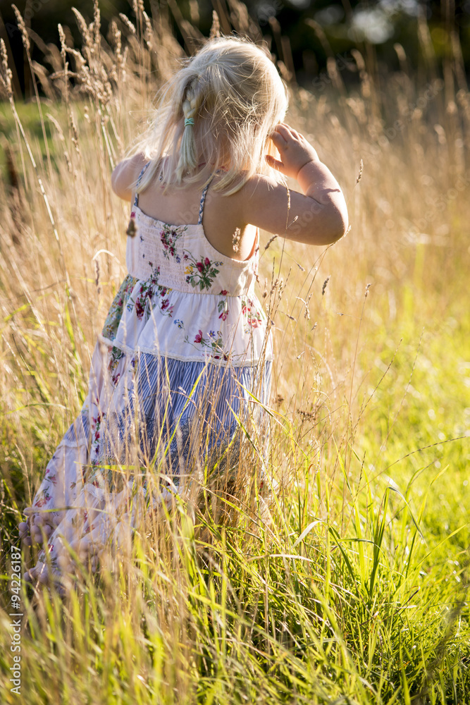 Little girl walking away though the grass Stock Photo | Adobe Stock