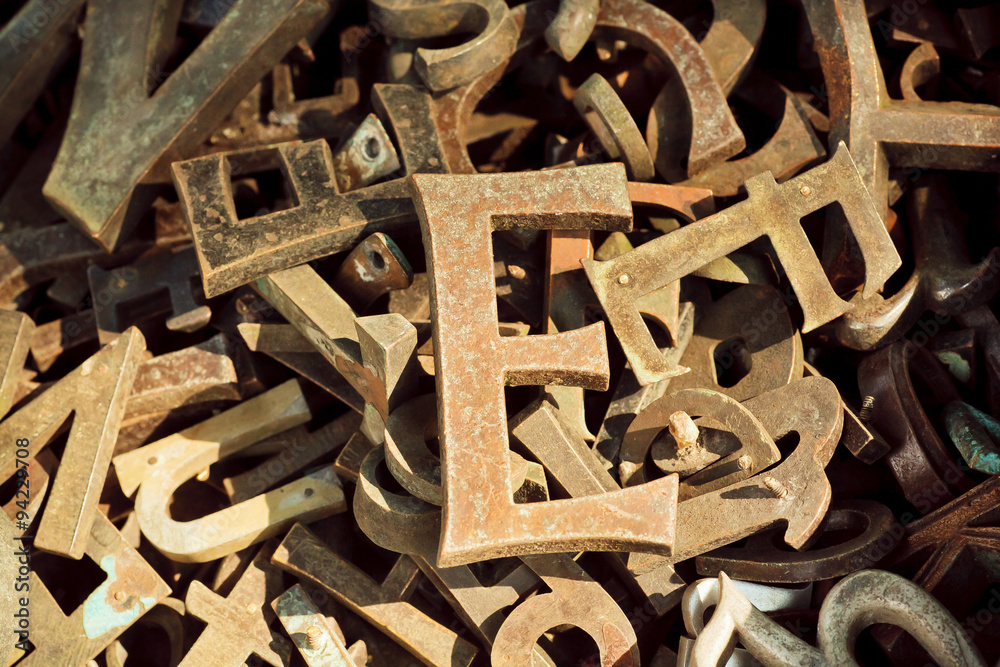 Vintage alphabet letters and keystrokes from old metal Stock Photo ...