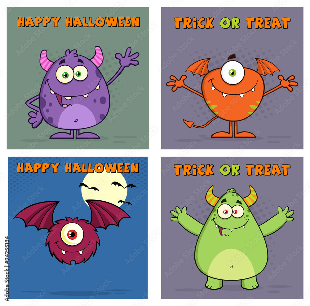 Four Cute Monster Greeting Cards. Collection Set Stock Vector | Adobe Stock