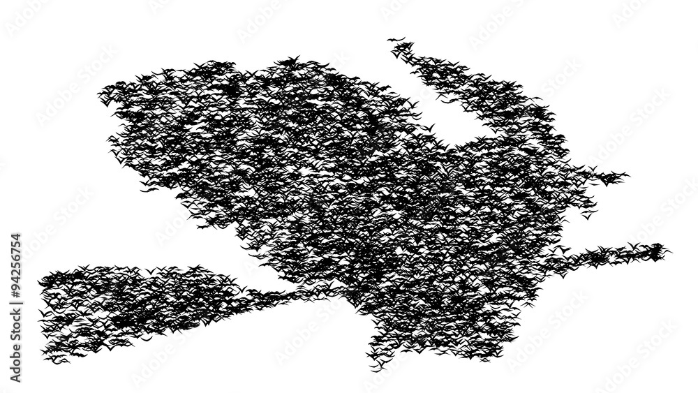 A duple flock of flying birds forms the witch flying on the Sabbath ...