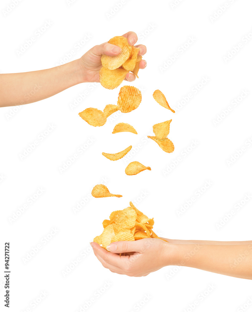 Female hands with chips isolated on white Stock Photo | Adobe Stock