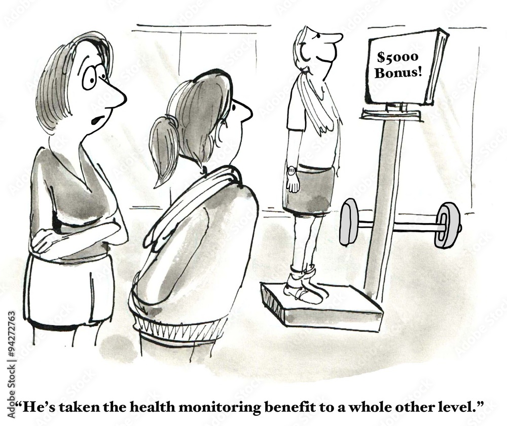Business and health cartoon showing people at a company gym, 'He's ...