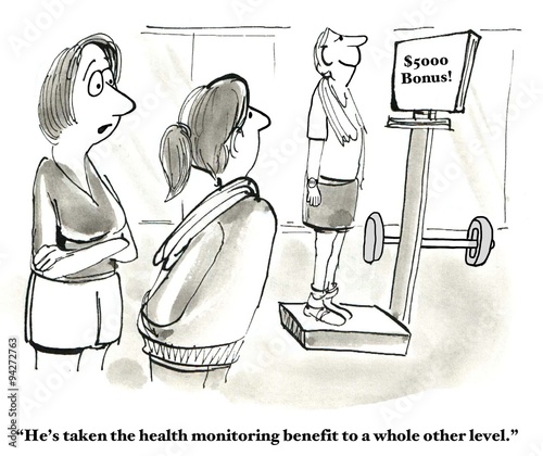 Business and health cartoon showing people at a company gym, 'He's ...