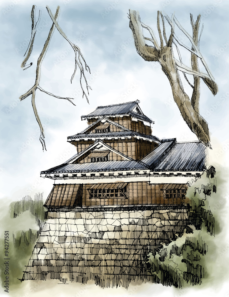 Free hand sketch World famous landmark : Kumamoto castle Japan. Stock ...
