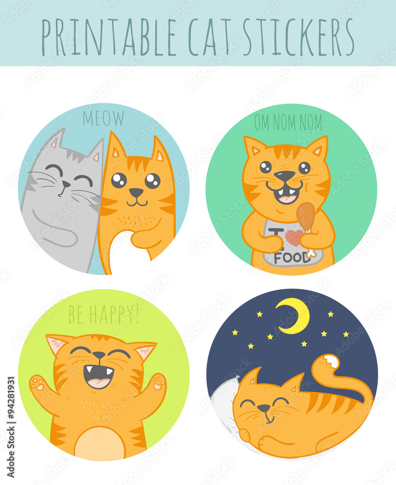 Set of printable stickers with cats Stock Vector | Adobe Stock