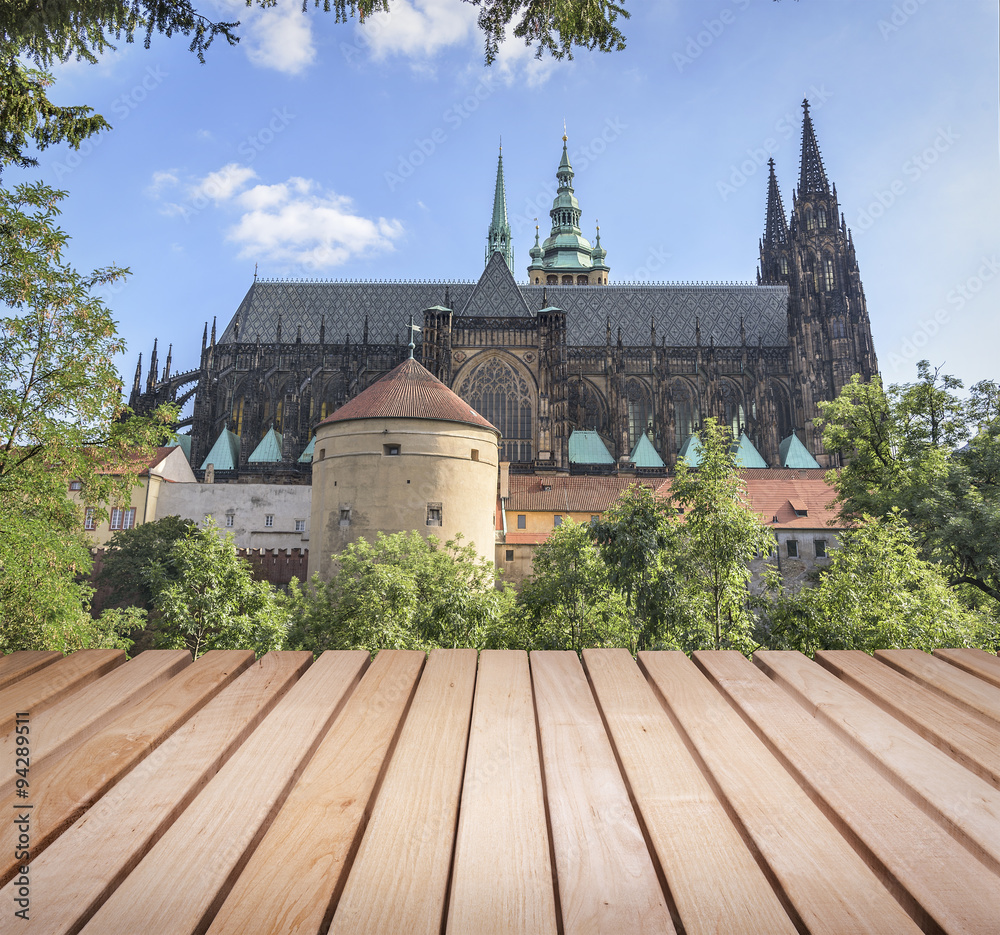 Empty wooden platform and view of old castle. Stock Photo | Adobe Stock