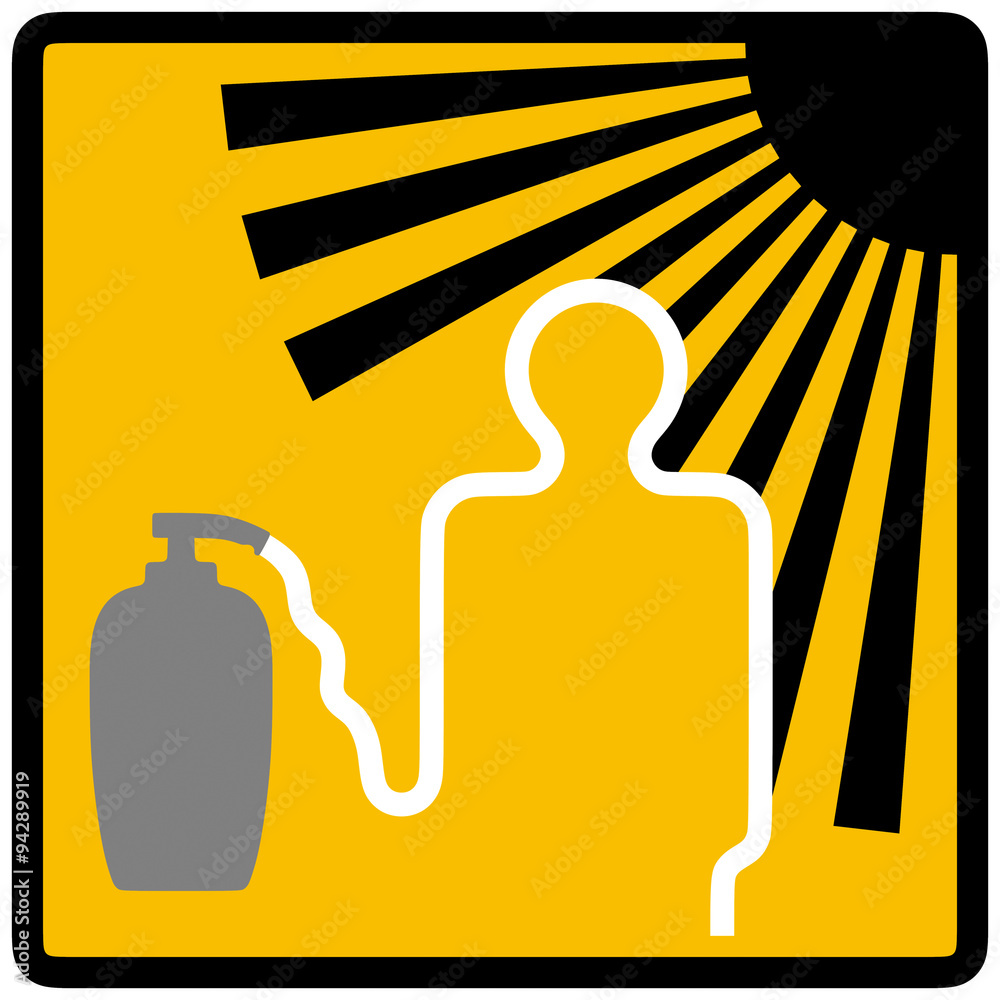 Warning informative summer sign. Silhouettes of sun, sunscreen bottle ...