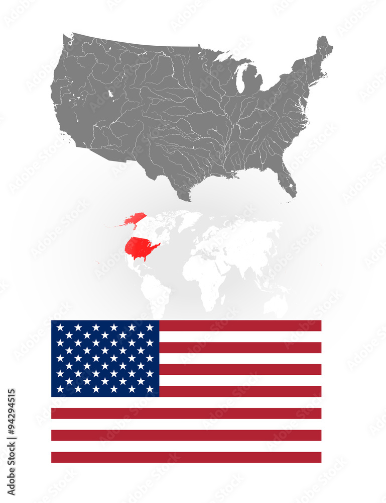 Map of the United States of America with lakes and rivers, location of ...