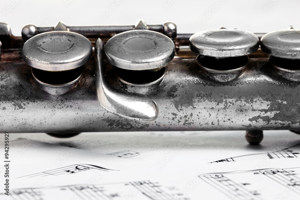 Old rusty silver flute on music notes Stock Photo | Adobe Stock