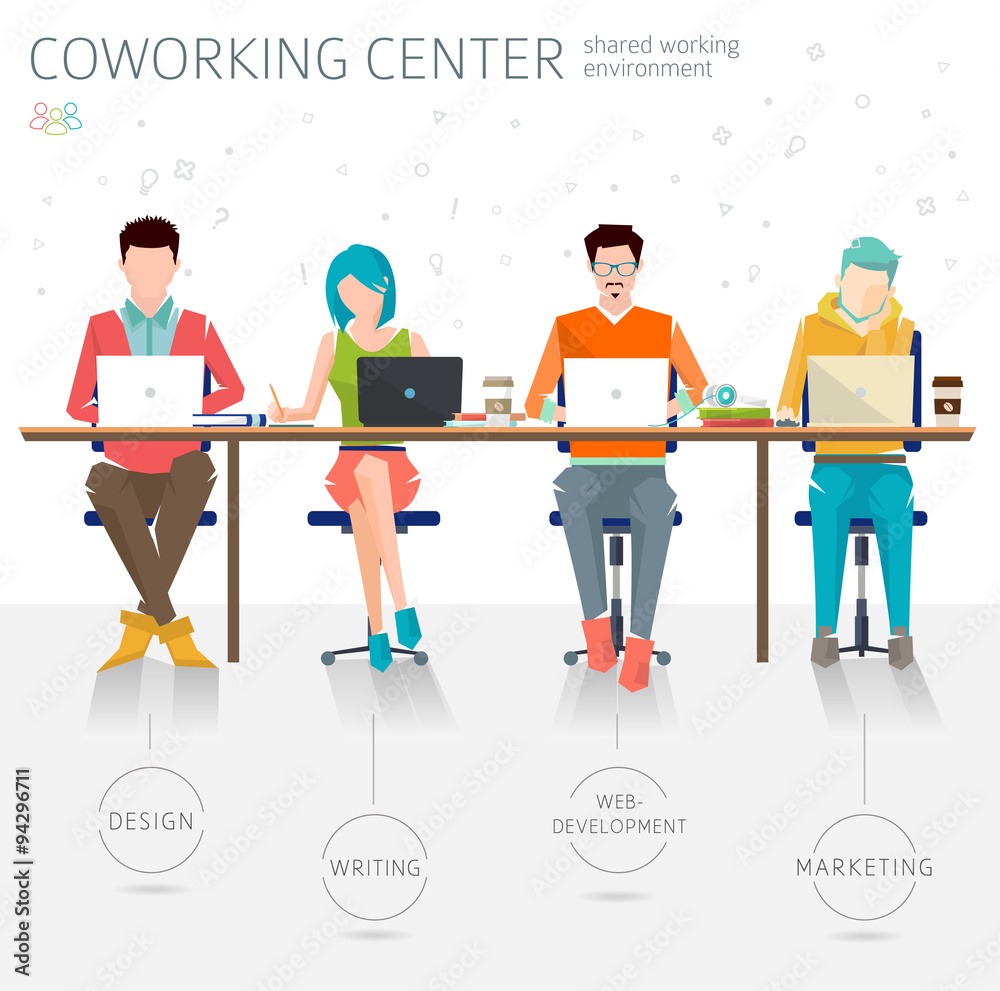 Concept of the coworking center. Shared working environment. Various ...