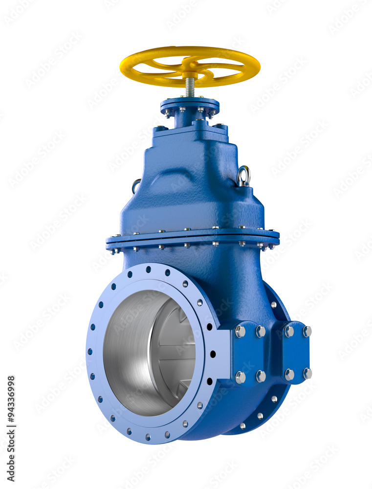 High resolution 3D Industrial blue pipeline valve with on white ...