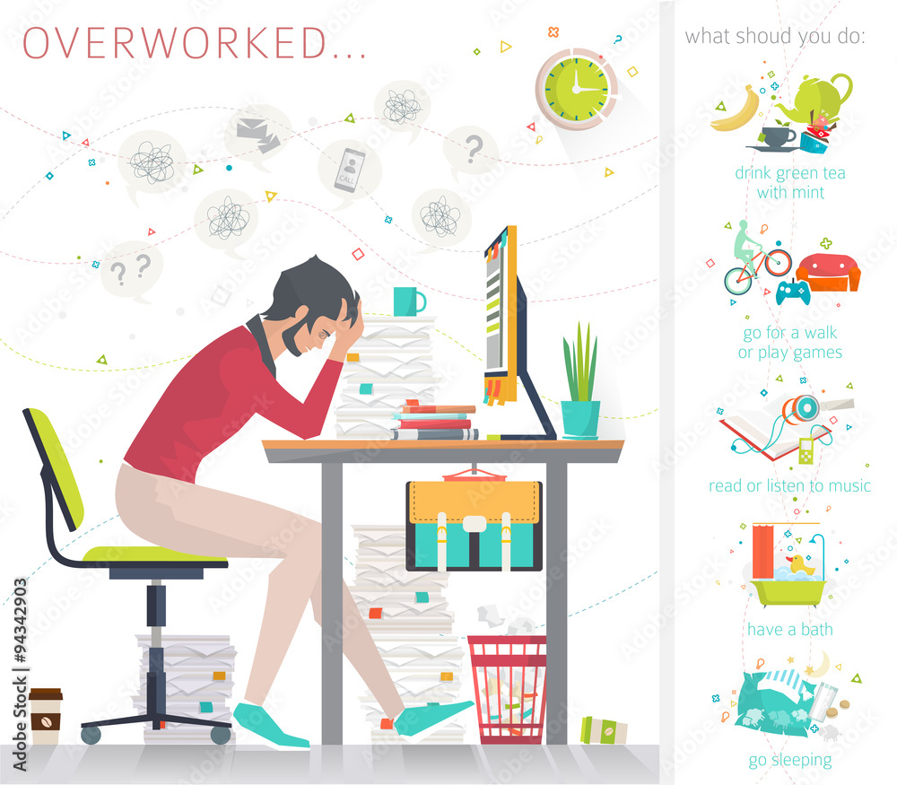 Concept of overworked man. Man has burned out on his workplace because ...