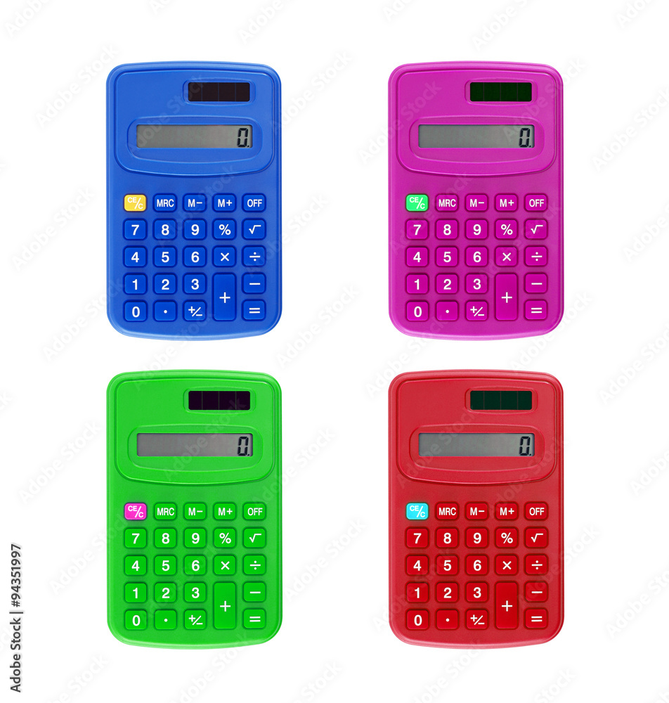 four colorful small plastic calculators with zero number on digital ...