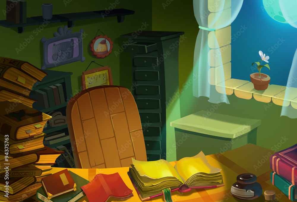 Illustration: Library Room at Night. Realistic Cartoon Style. Fantasy ...