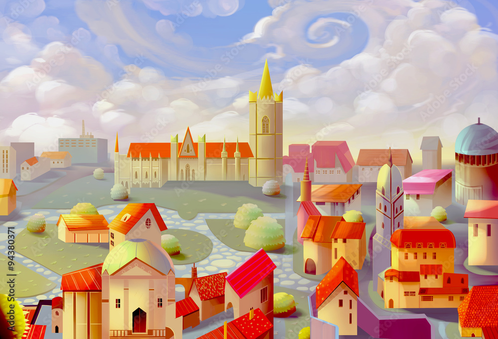Illustration: A Beautiful Town. Realistic / Cartoon Style. Fantasy ...