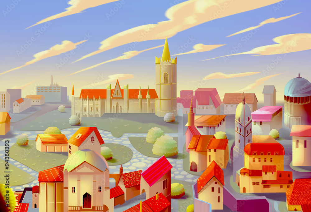 Illustration: A Beautiful Town with Different Skye. Realistic / Cartoon ...