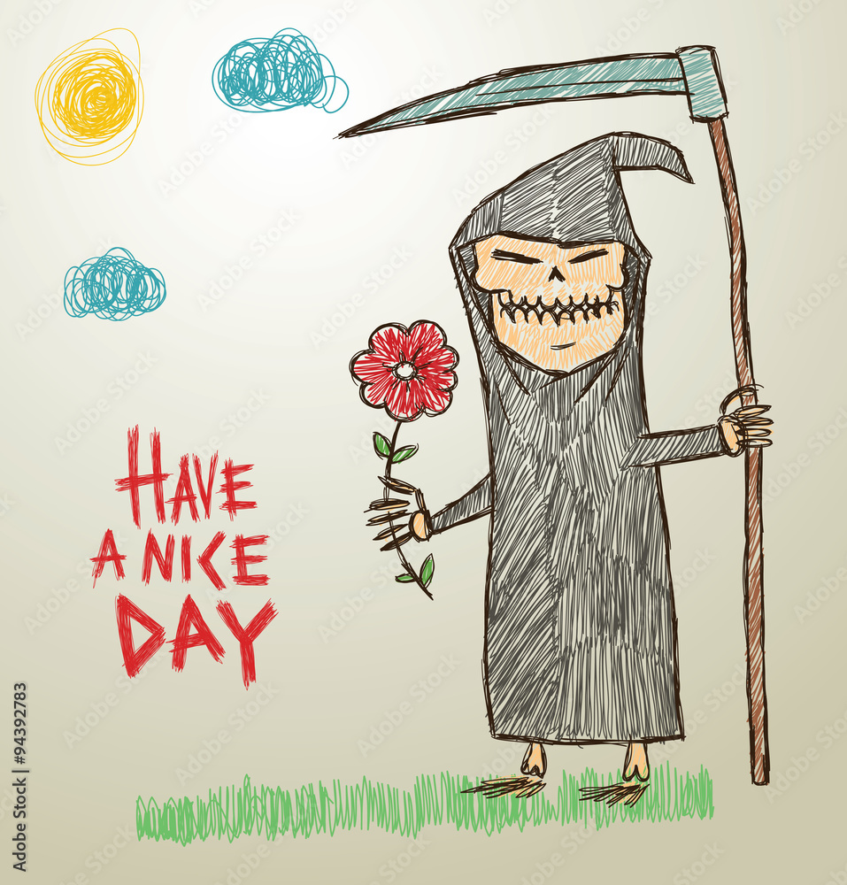 Vector funny image of children's drawings of death in the black robe ...