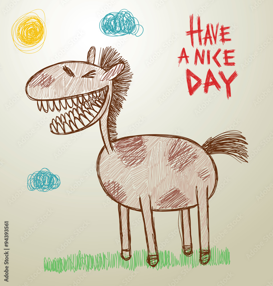 Vector funny image of children's drawings horse with teeth on a light ...