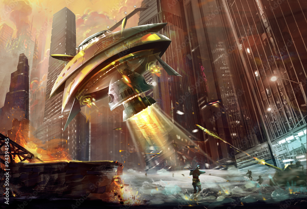 Illustration: The Terrible Alien UFO Destroyer comes. The Combat Begins ...