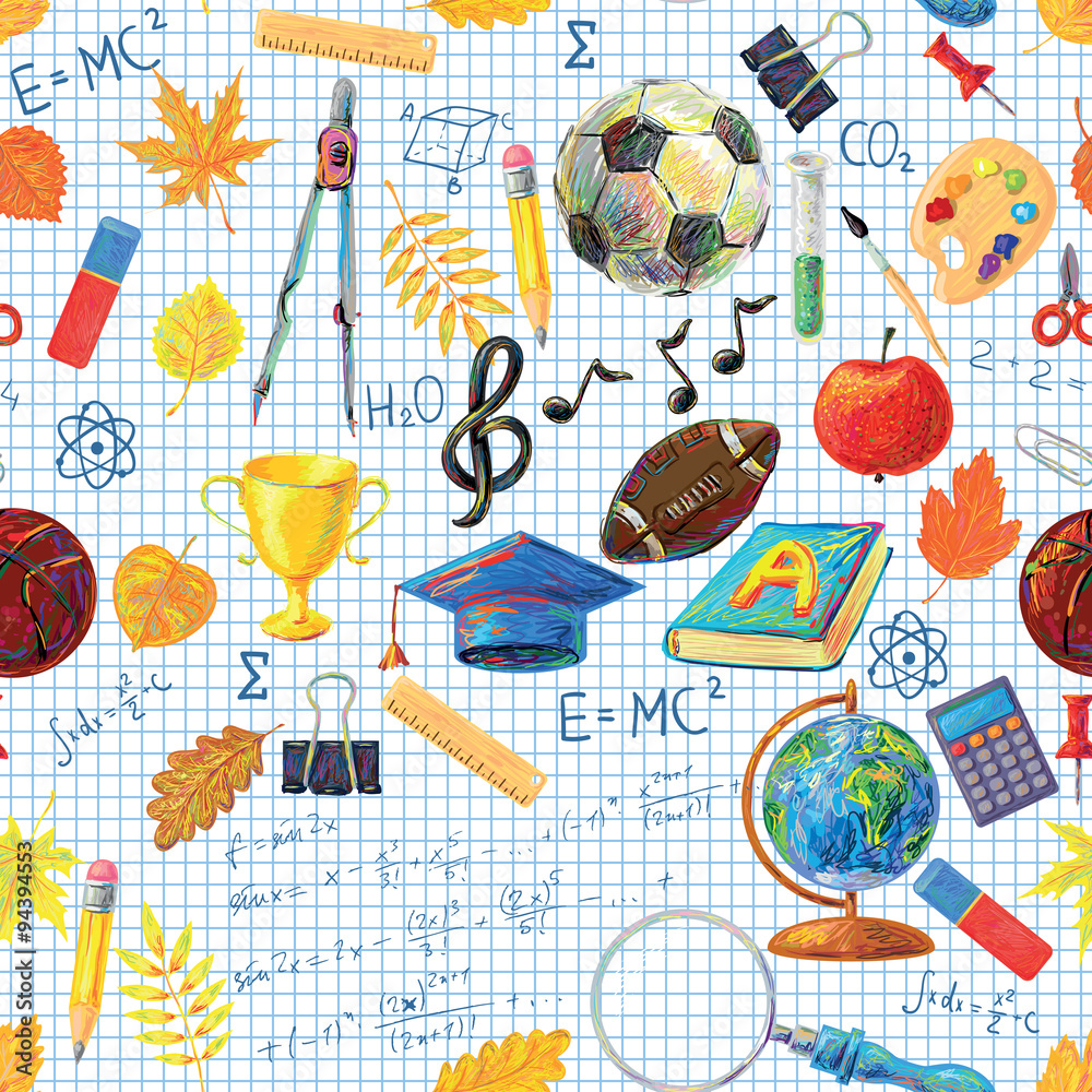Seamless pattern with scribbled school stationery vector background ...