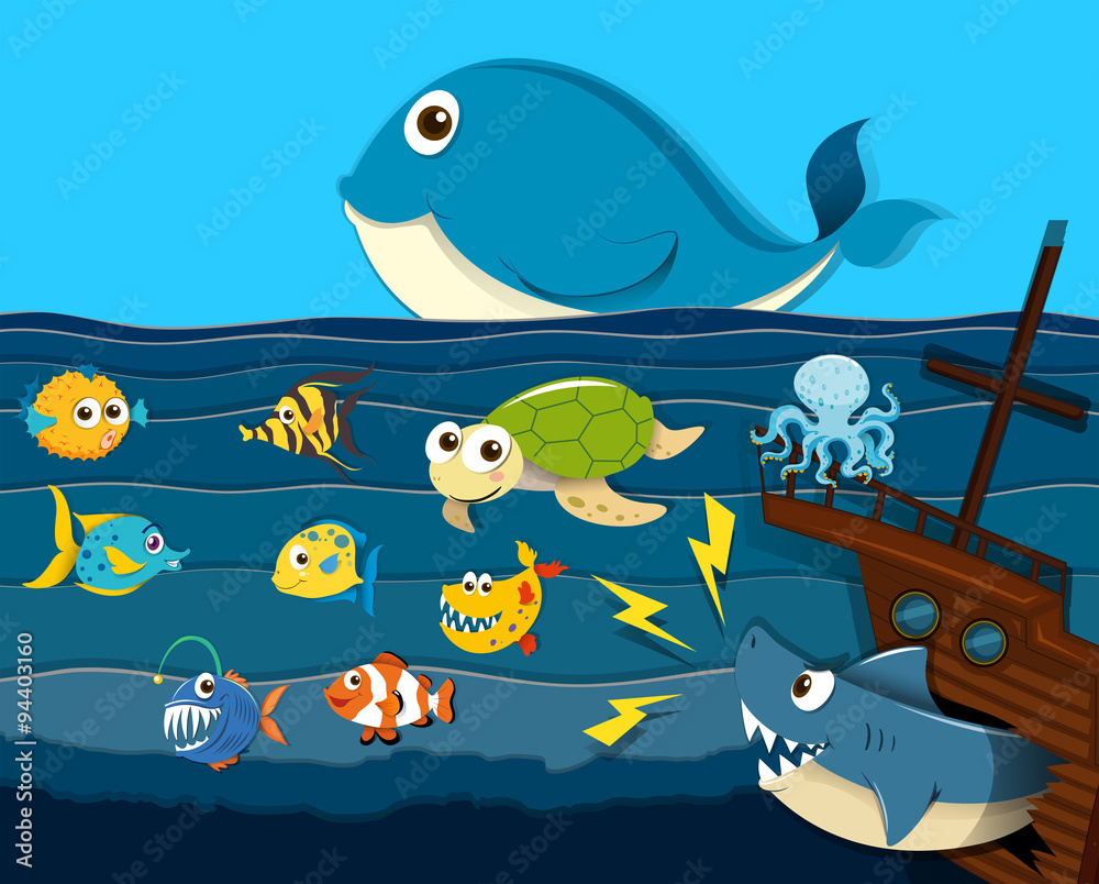 Ocean scene with sea animals Stock Vector | Adobe Stock