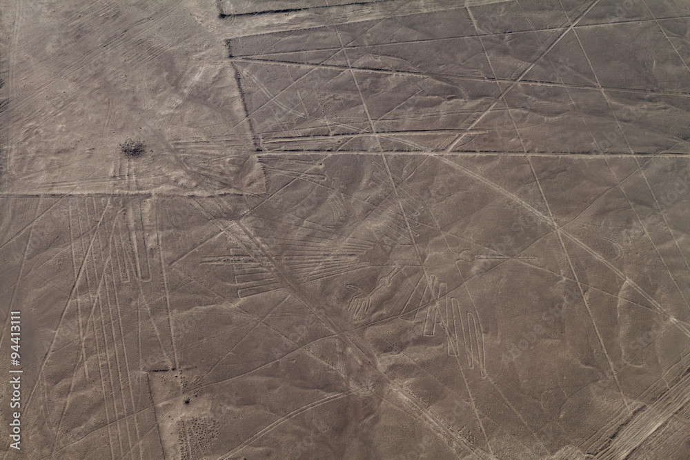Aerial view of geoglyphs near Nazca - famous Nazca Lines, Peru. In the ...