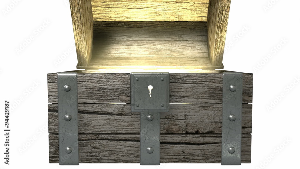 A vintage wooden chest opening revealing a shining yellow light on an ...