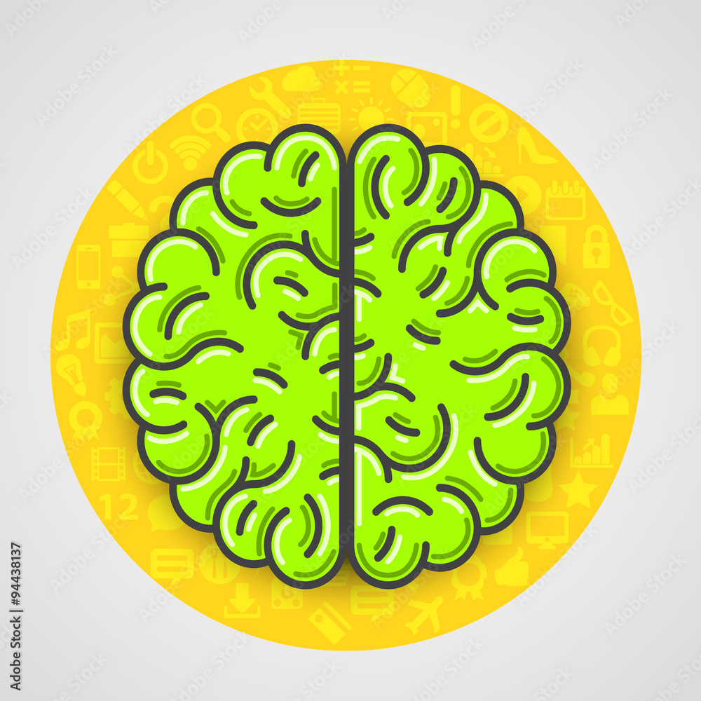 Cartoon green brain sign in yellow circle with icons Stock Vector ...