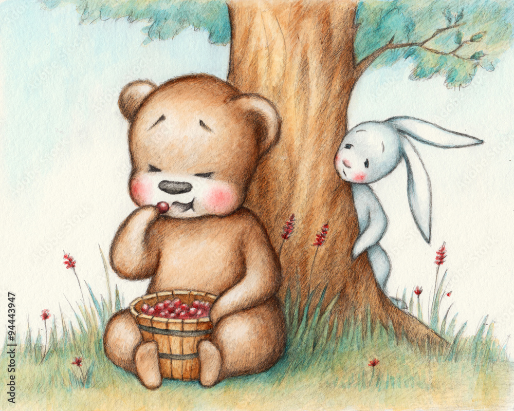 Teddy Bear eating berries Stock Illustration | Adobe Stock