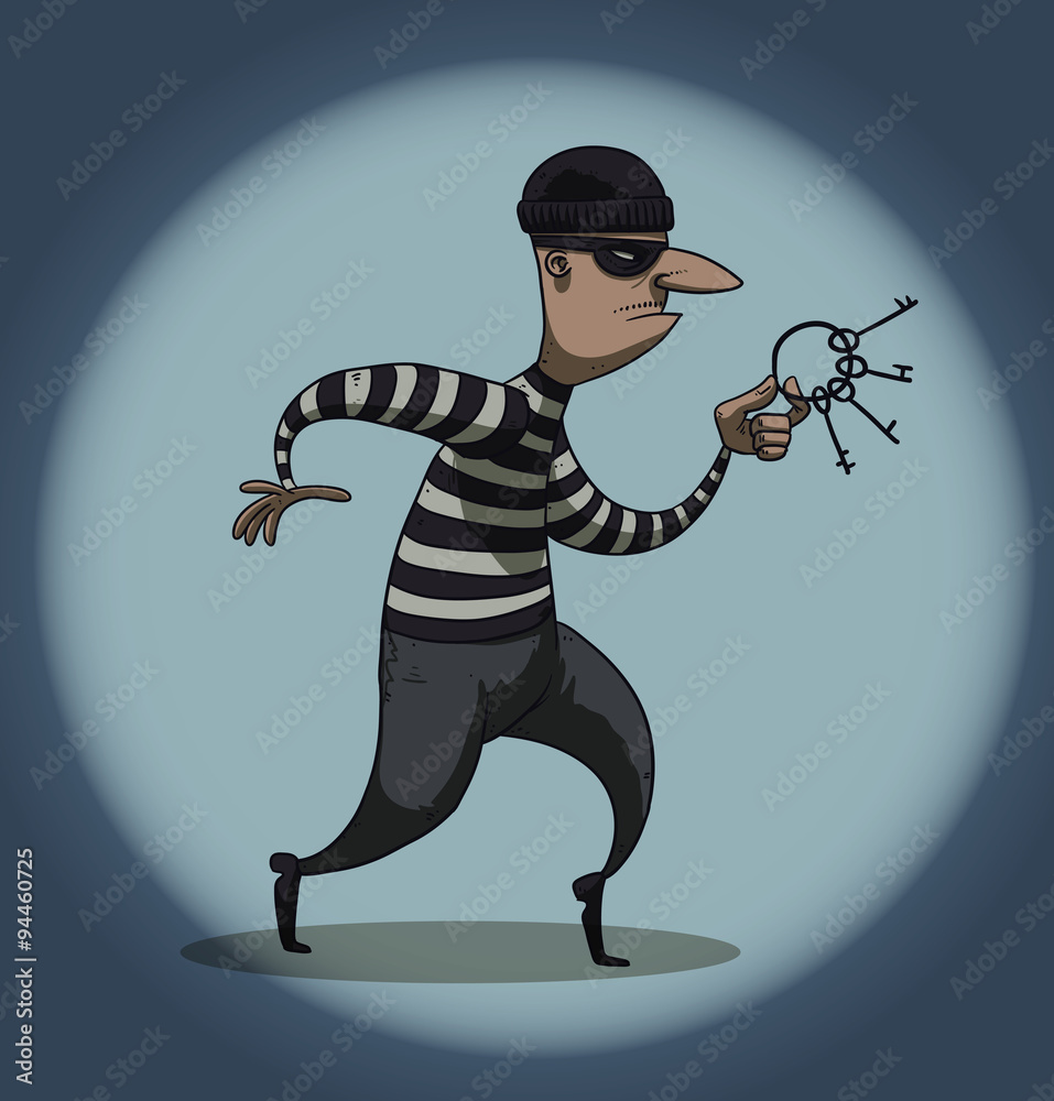 Vector cartoon image of a robber in black pants and a striped jacket ...