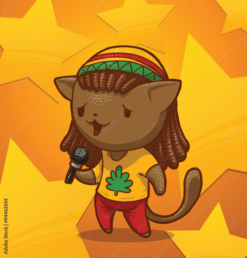 Poster Vector cartoon image of a cat reggae singer in the yellow T ...