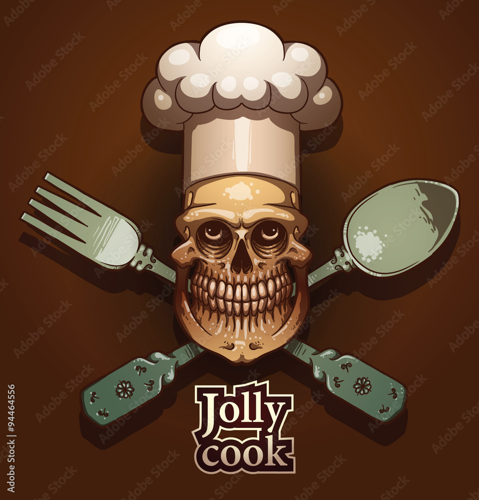 Vector jolly cook color emblem, spoon and fork. Cartoon jolly cook ...
