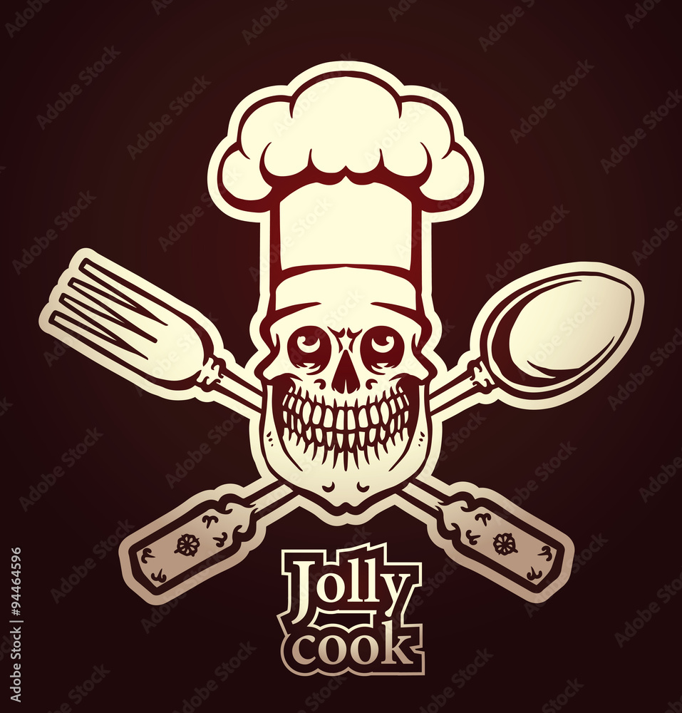 Vector jolly cook emblem, spoon and fork. Cartoon jolly cook emblem ...