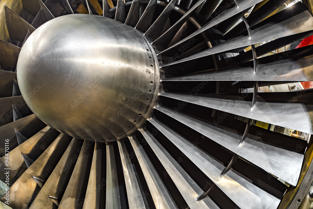 Engine turbo fan in aviation hangar. Side view of plane jet engine ...