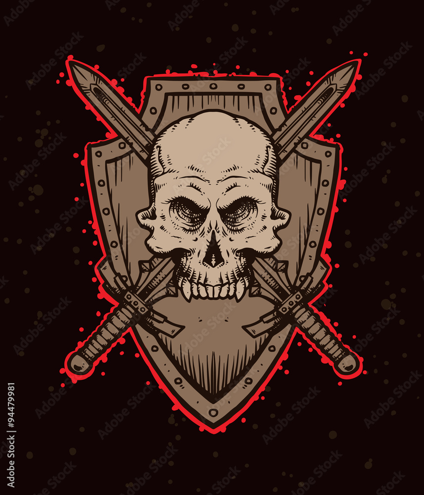 Vector emblem skull with swords and shield. Monochrome image of a human ...